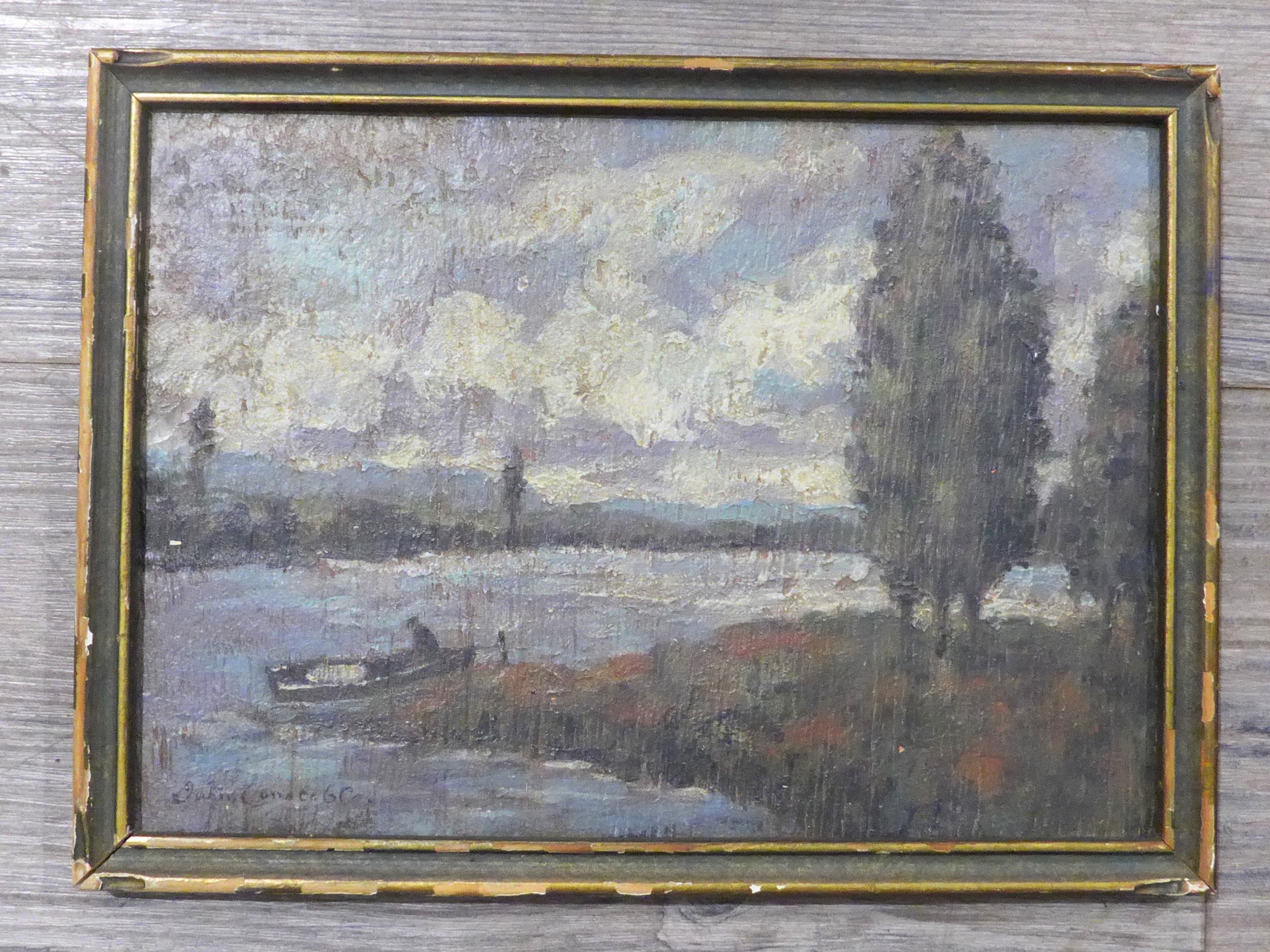 A 19th Century oil on board, figure in a boat at rivers edge. Bearing ...