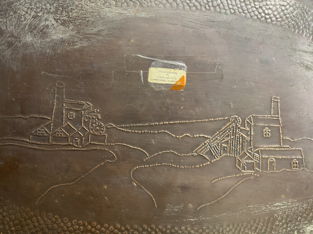 An arts & crafts Cornish copper tray depicting tin mines by John ...