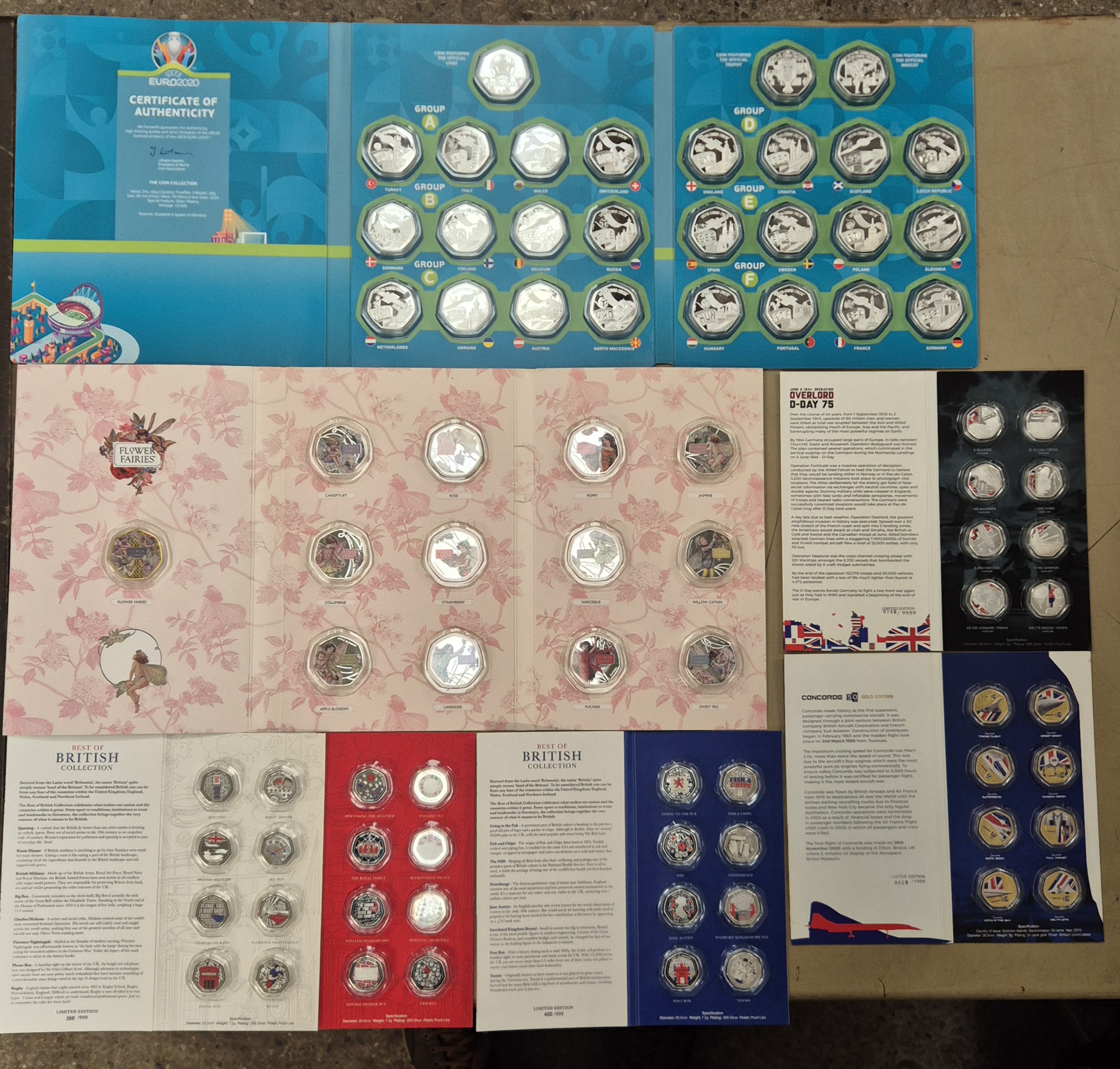 Seven 50p coin sets comprising of a silver plated 'overlord d-day 75 ...