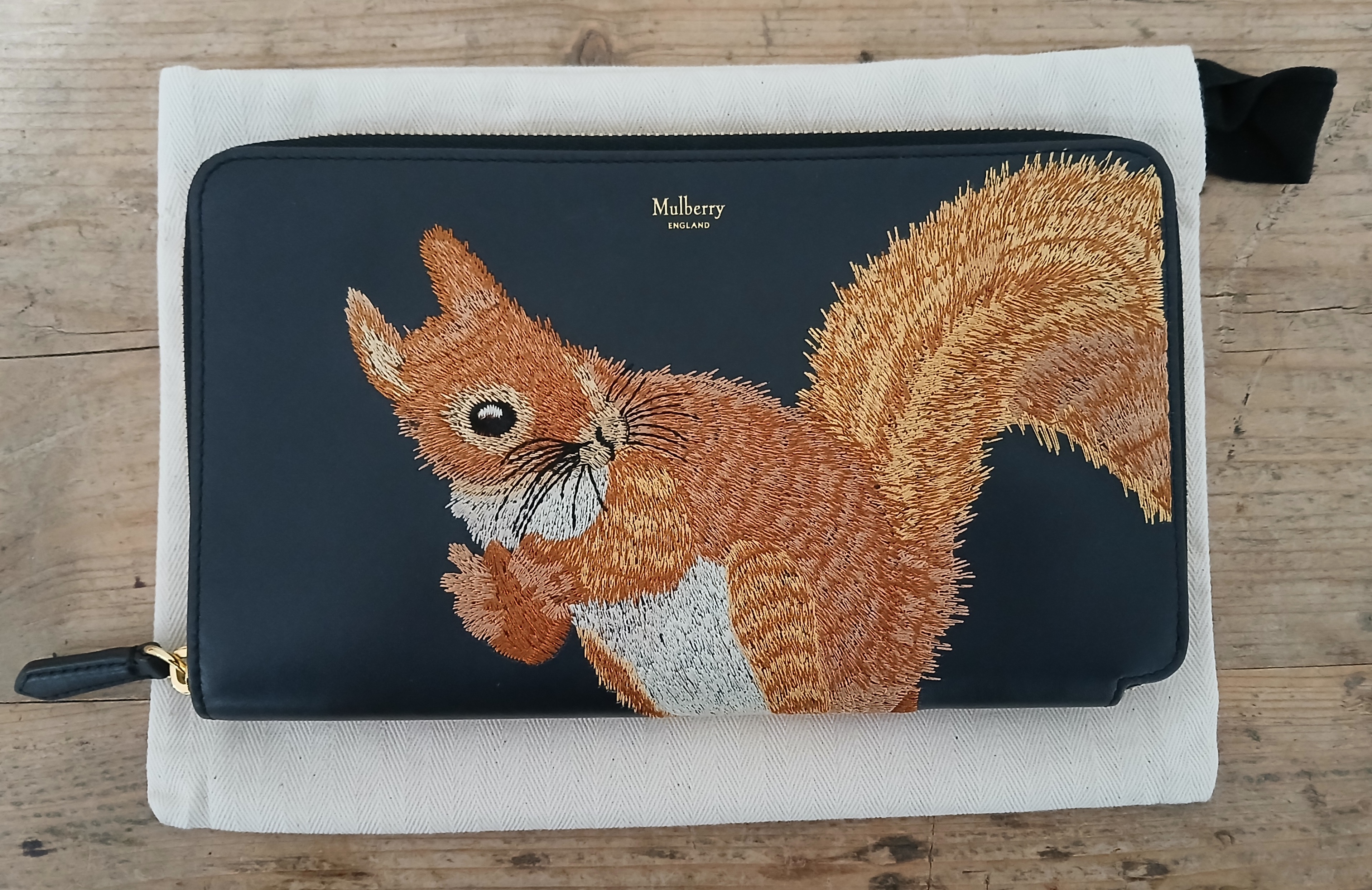 MULBERRY, squirrel embroidered zip around midnight blue leather clutch ...