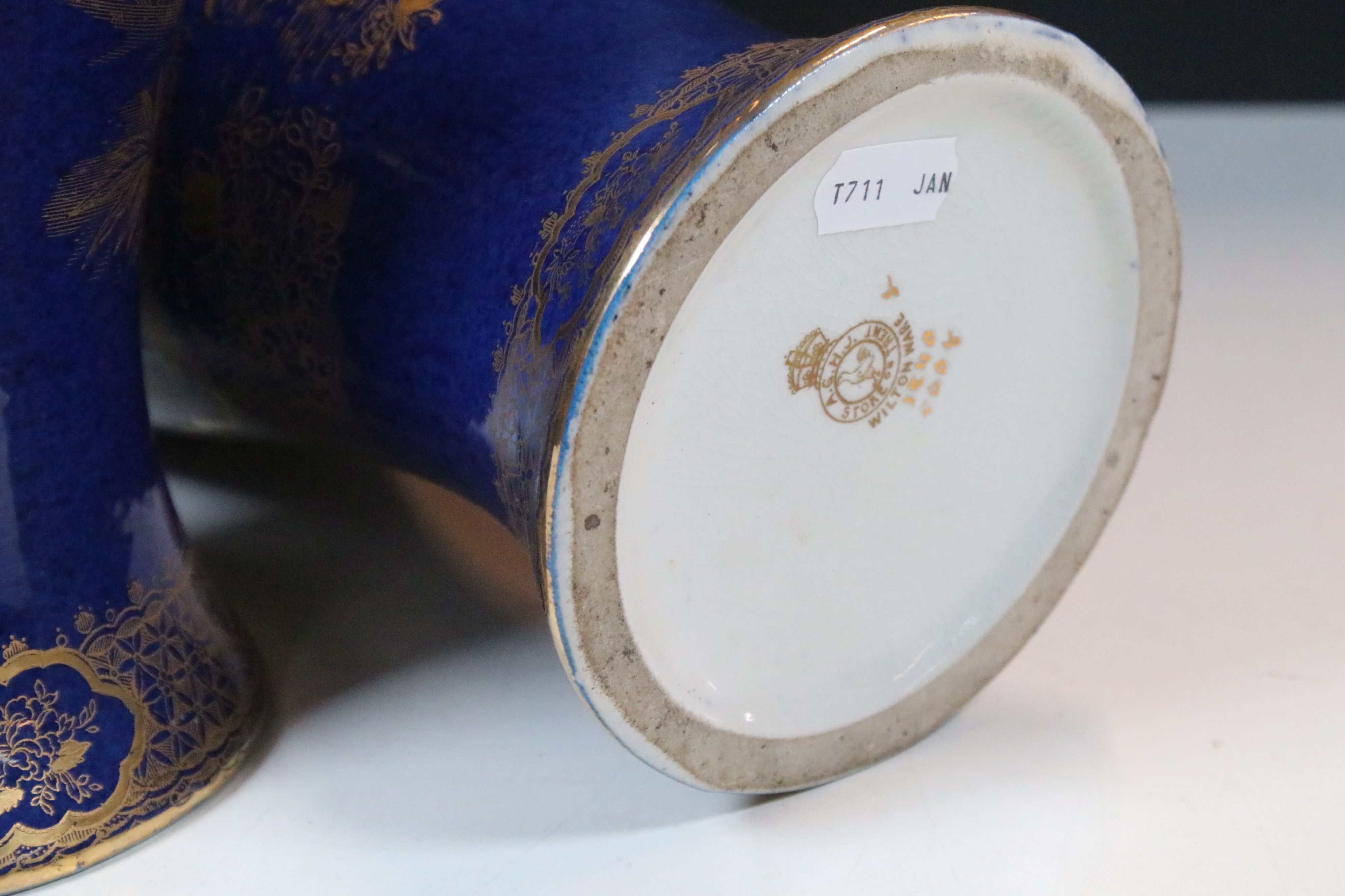Pair of Wilton ware Chinoiserie baluster vases, having blue ground with ...