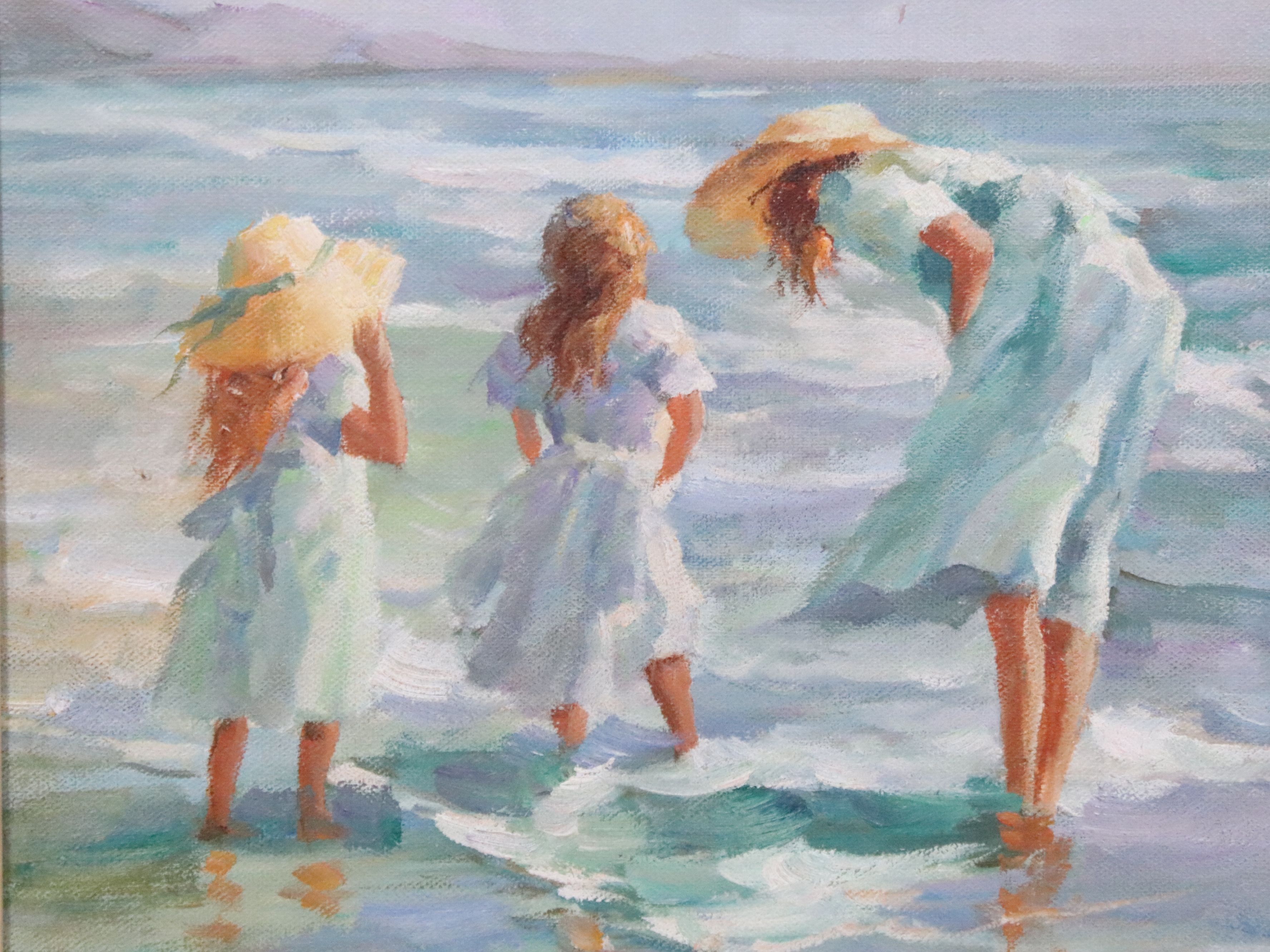 Impressionist scene with mother and children beachcombing, oil, 31.5 x ...