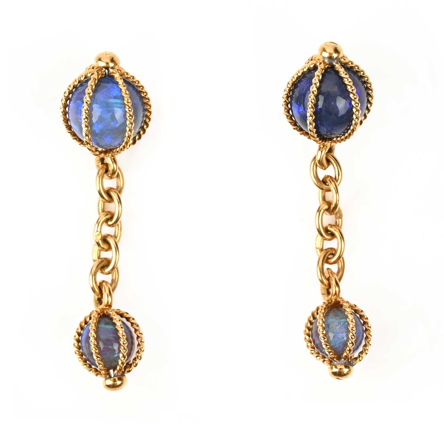 A PAIR OF OPAL AND 18CT GOLD CUFFLINKS, with graduated terminals each ...