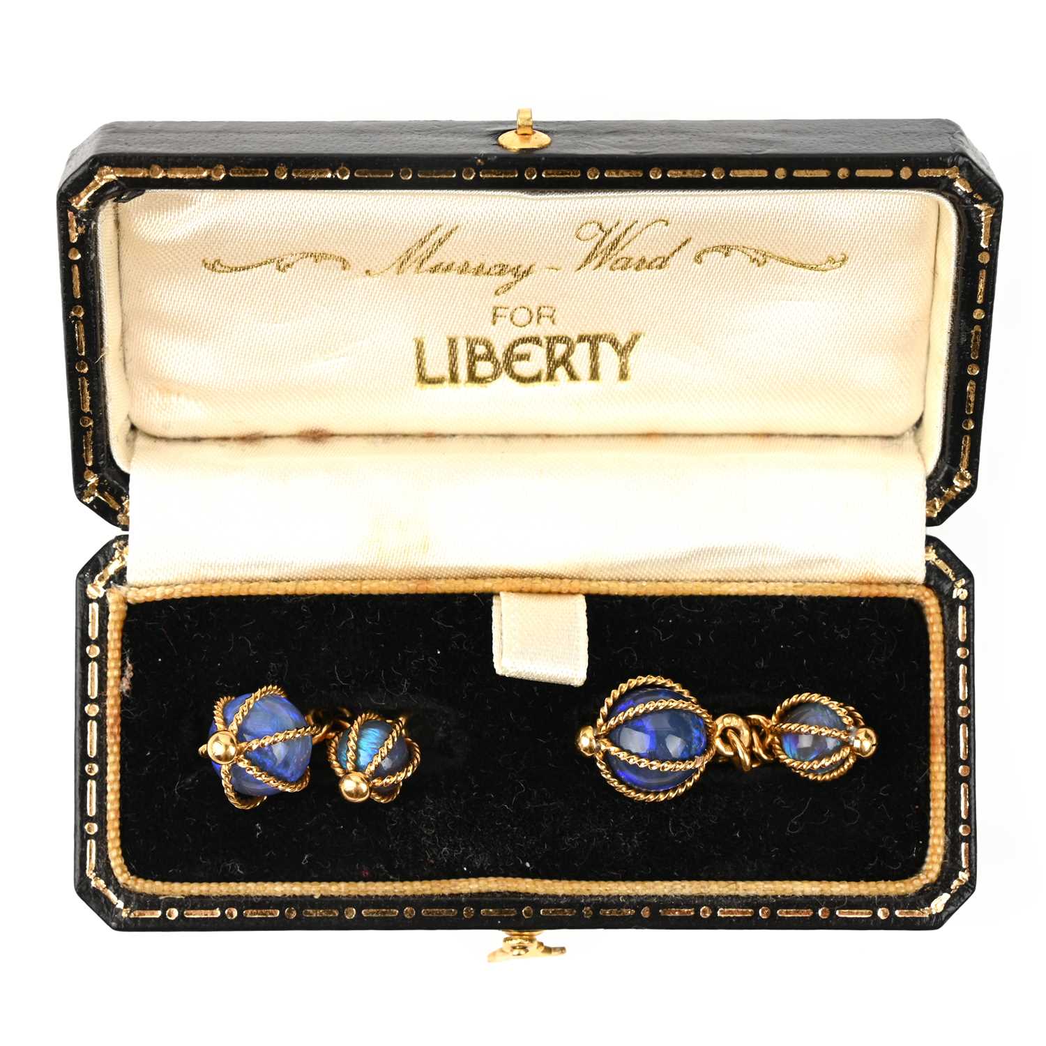 A PAIR OF OPAL AND 18CT GOLD CUFFLINKS, with graduated terminals each ...