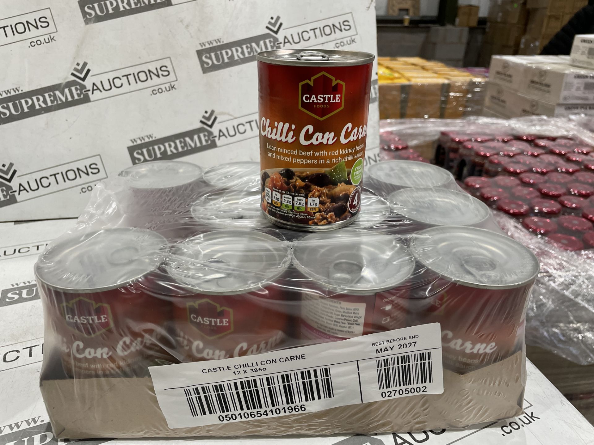 PALLET TO CONTAIN 180 X 385G TINS OF CASTLE CHILLI CON CARNE BB MAY ...