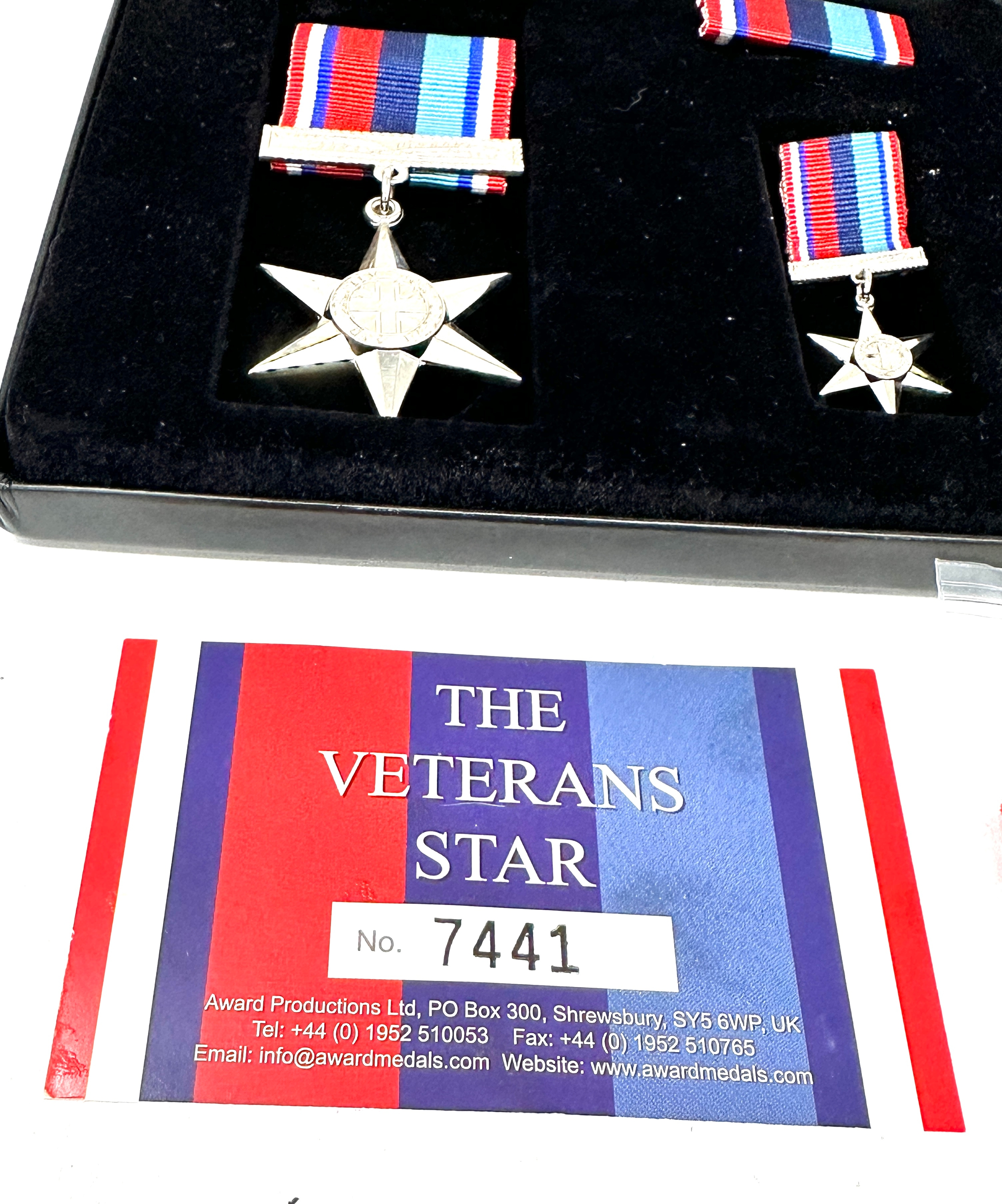 Boxed full-size and miniature Veterans Star medal set, a commemorative ...
