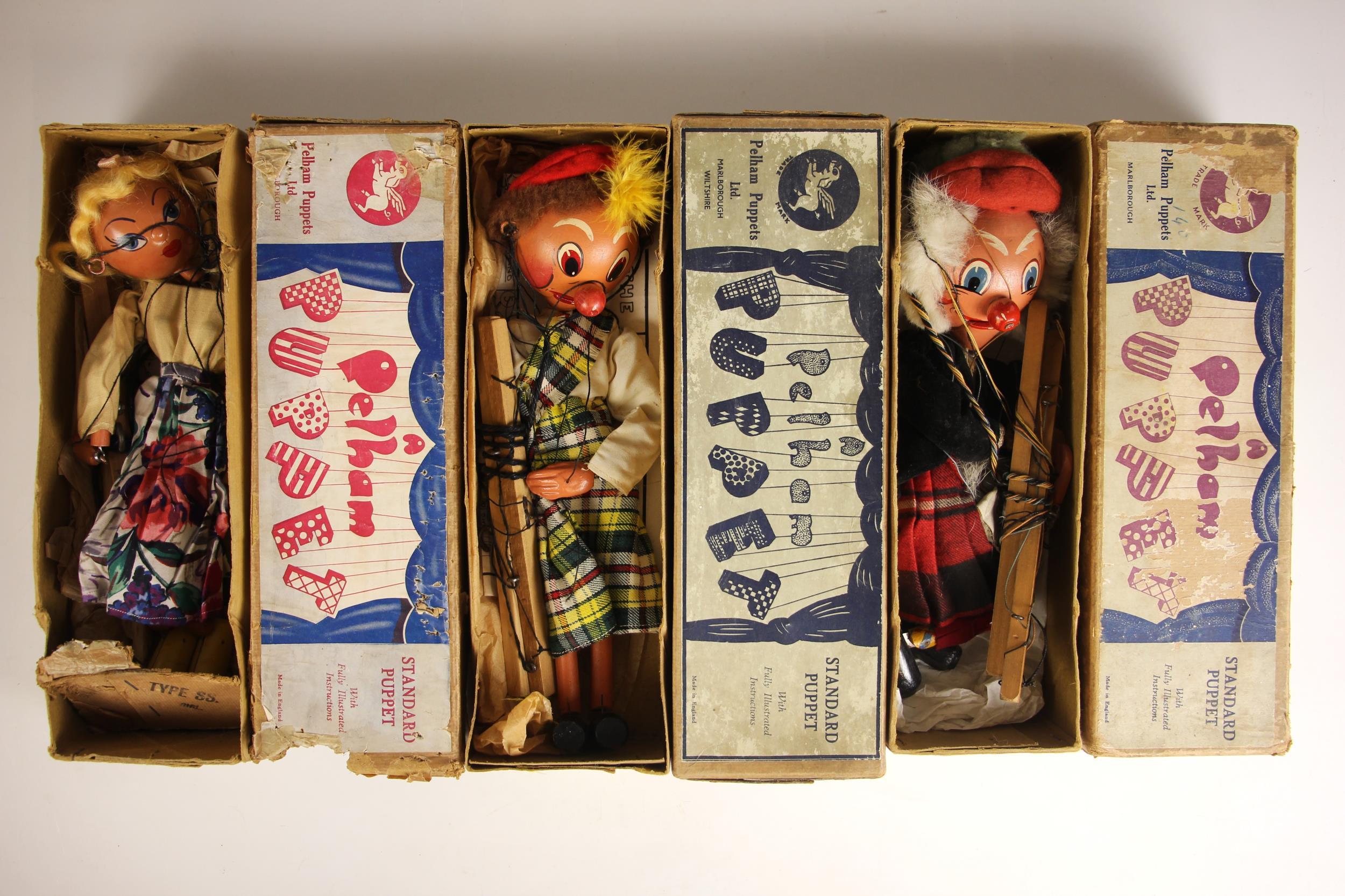 Six vintage Pelham Puppets in original blue label boxes, comprising: SM ...