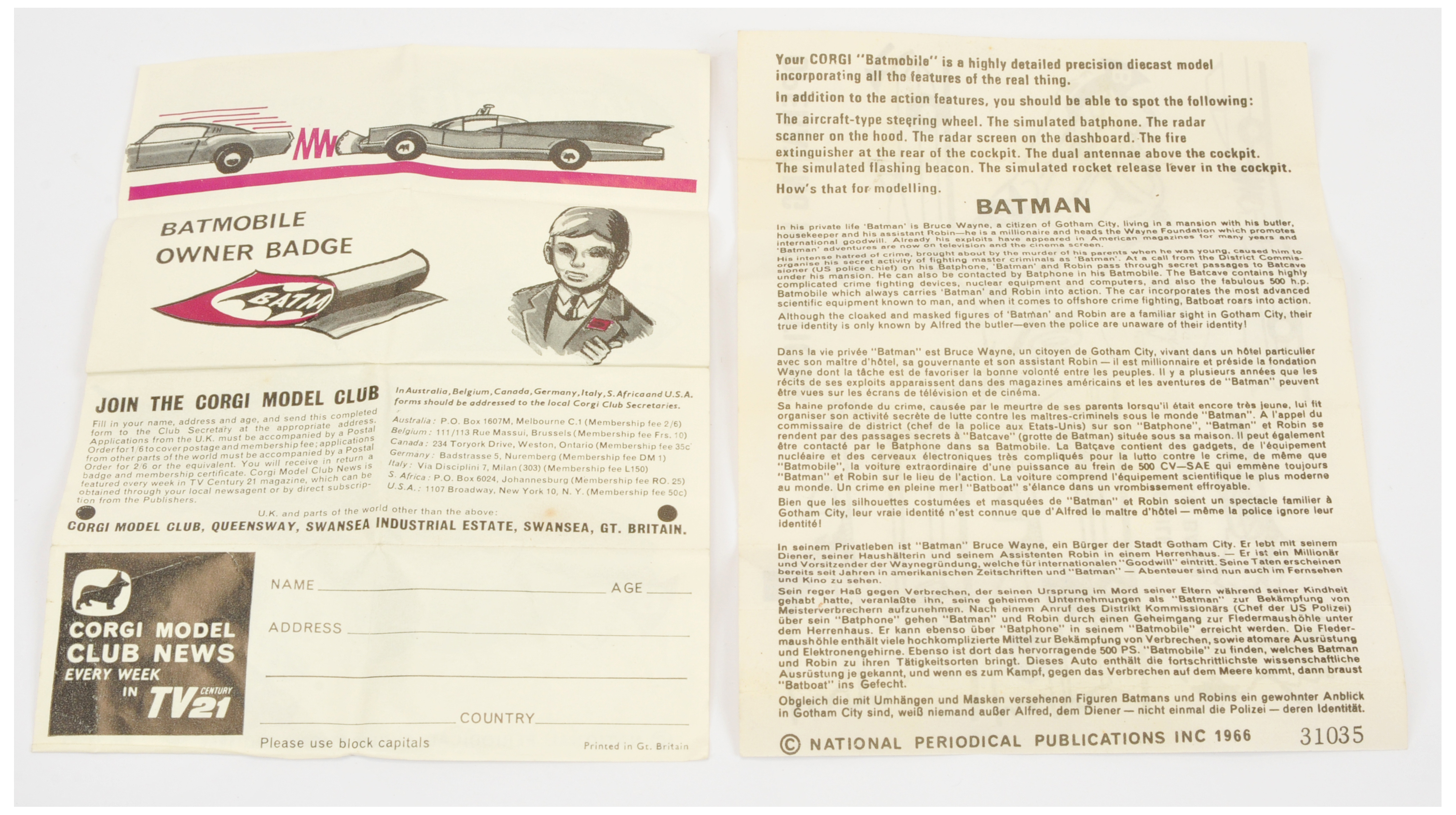 Corgi Toys "Batman" Original Leaflets - (1) GS3 RARE Blue and white ...