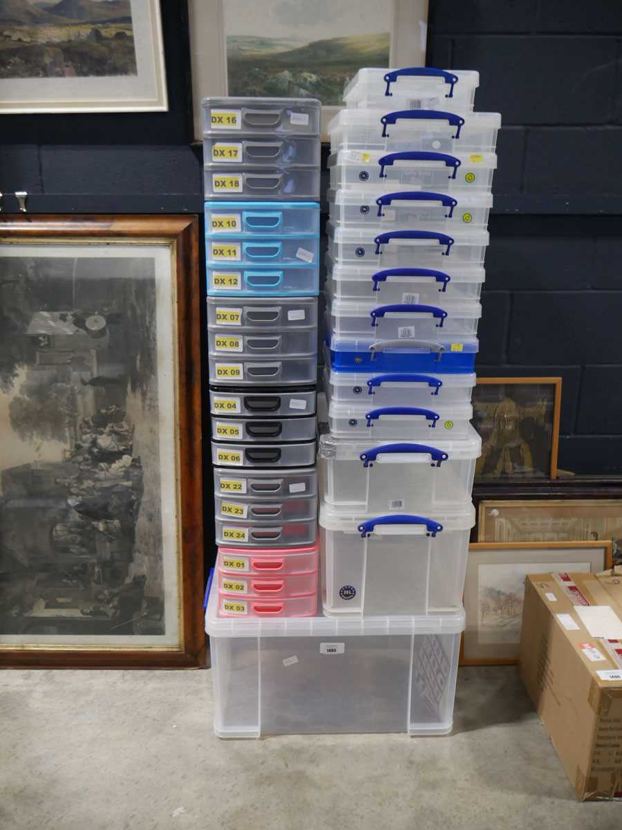 +VAT Assorted stackable plastic storage boxes and drawers