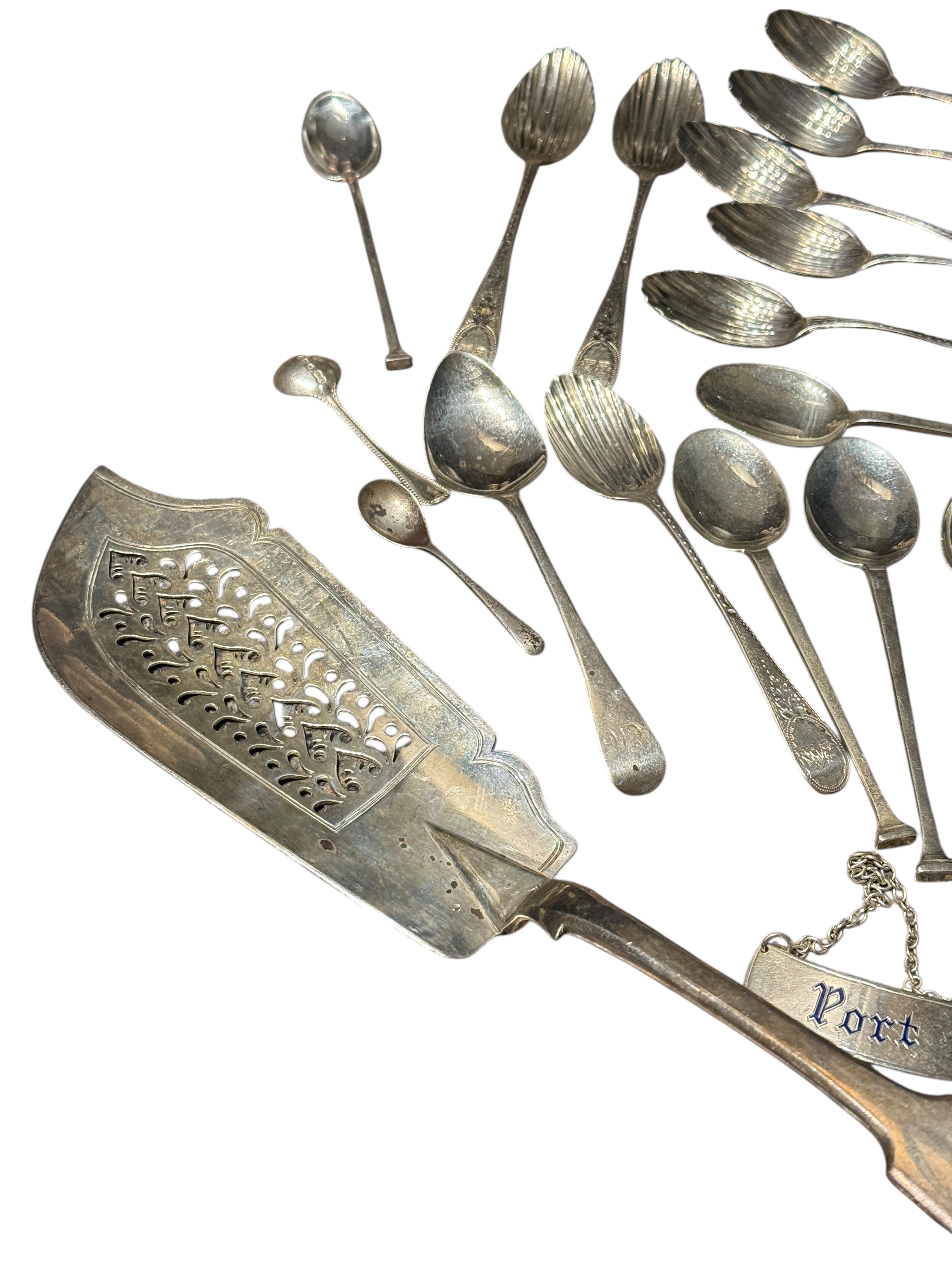 A SILVER FISH SLICE TOGETHER WITH A SILVER PORT DECANTER LABEL AND ...